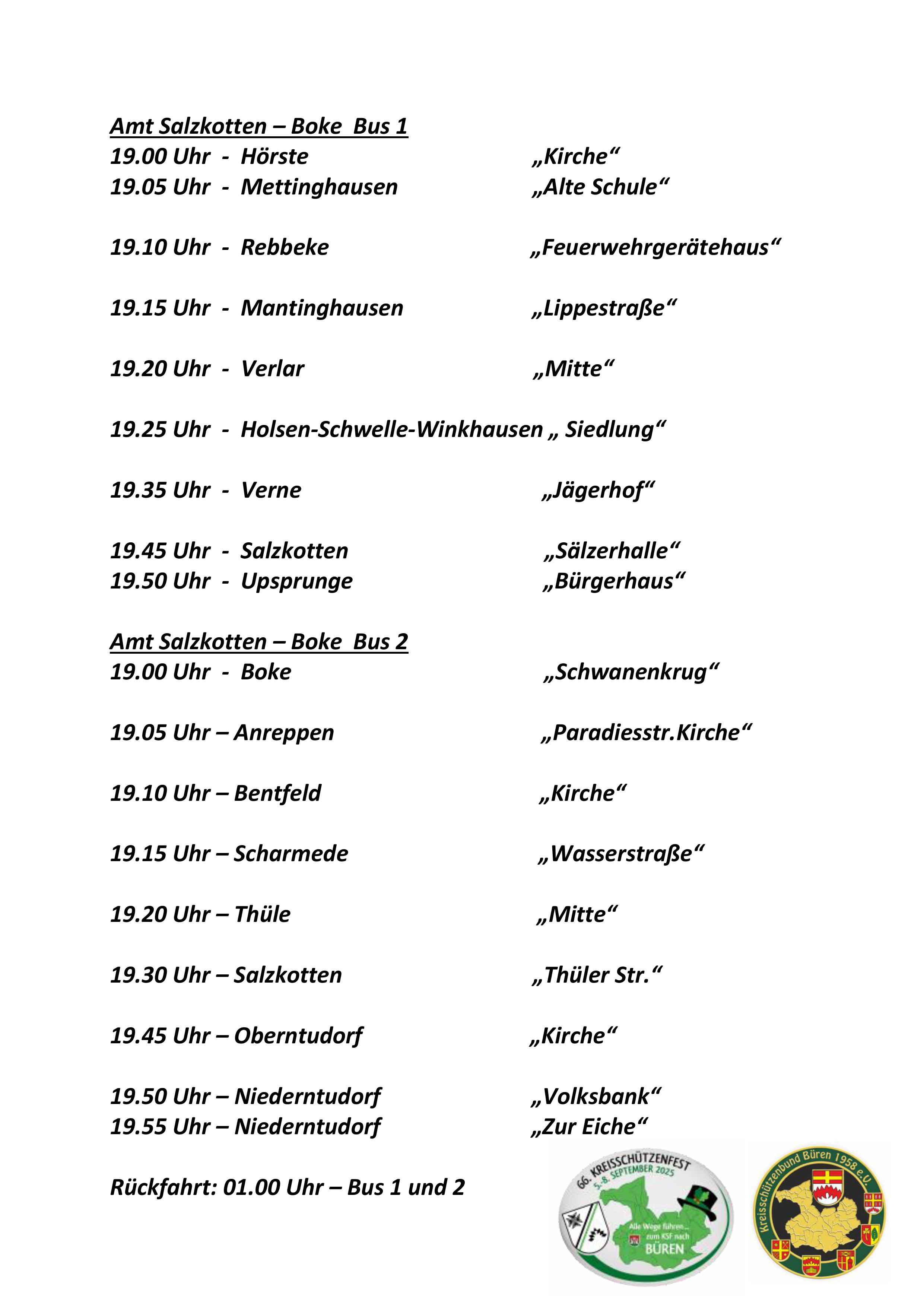 Busfahrpläne zur KSF-Party